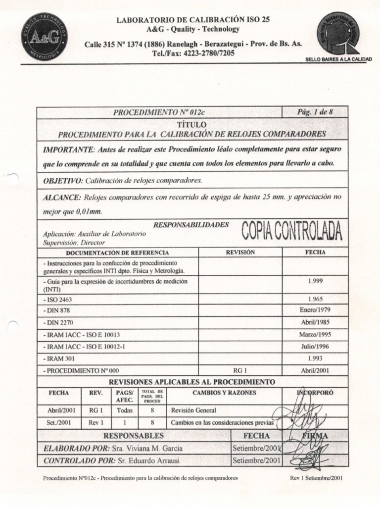 Procedimiento Calibracion Relojes Comparadores | PDF
