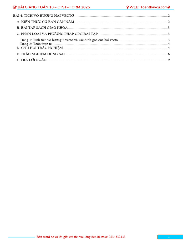 Chương 5 - Bài 4 - Tích vô hướng 2 vecto - Đề bài - Toán 10 - CTST | PDF