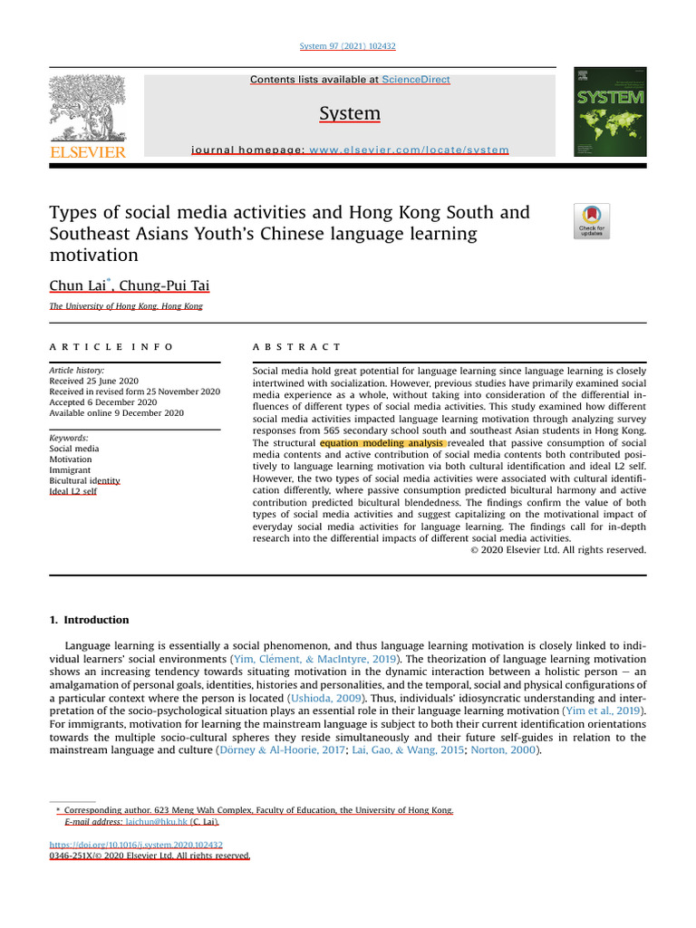 Types of Social Media Activities and Hong Kong South and Southeast Asians Youth’s Chinese ...