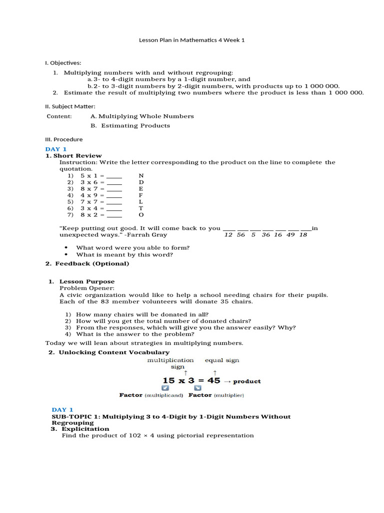 Lesson Plan in Mathematics 4 Week 1 | PDF