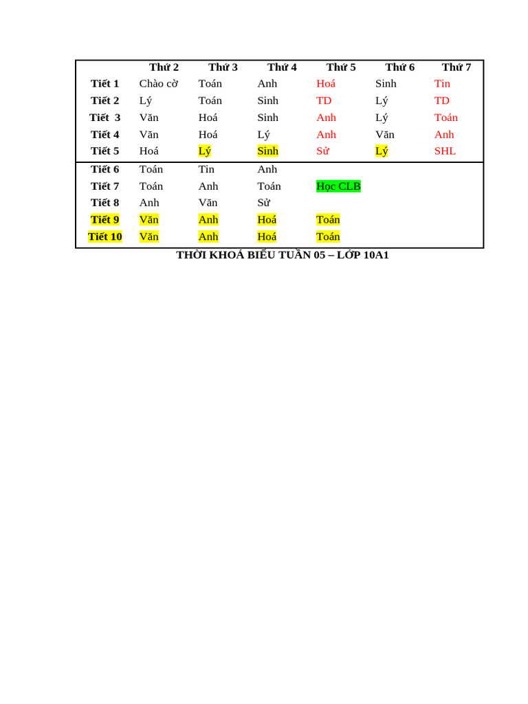 THỜI KHOÁ BIỂU 10A1 | PDF