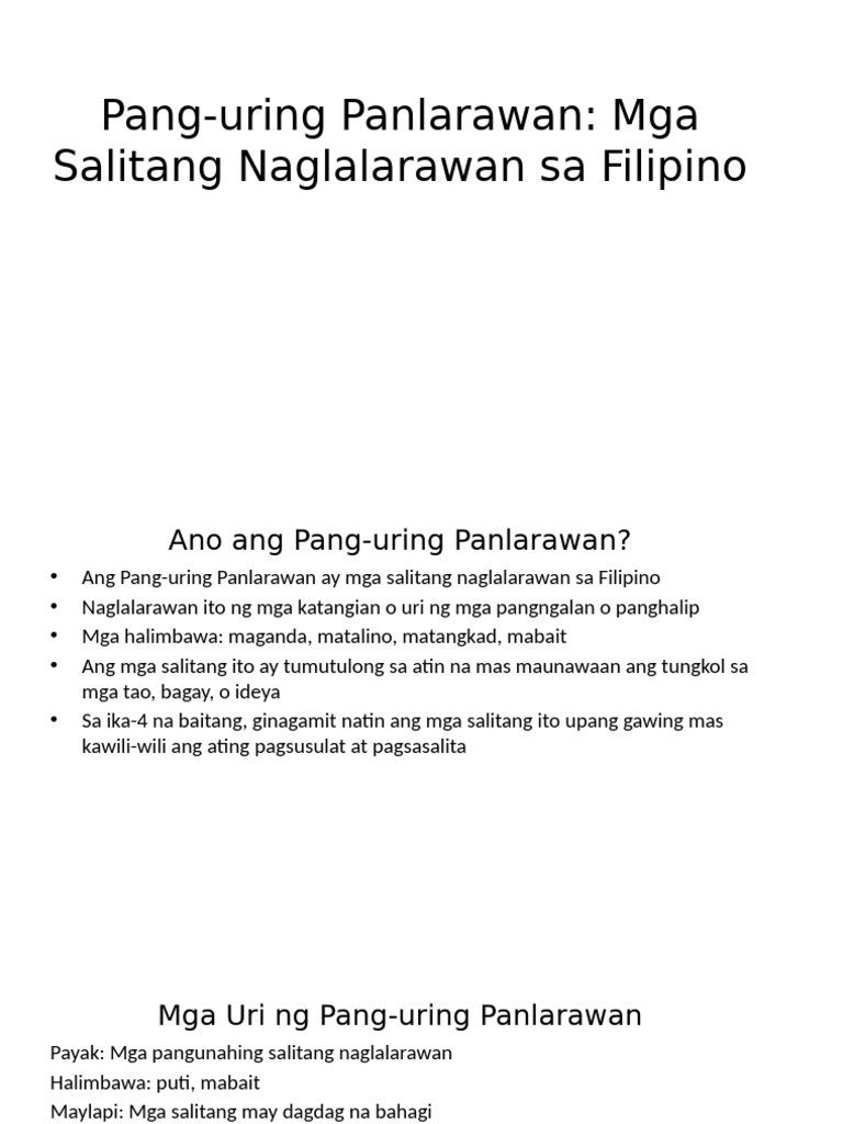 Pang Uring Panlarawan Mga Salitang Naglalarawan Sa Filipino | PDF