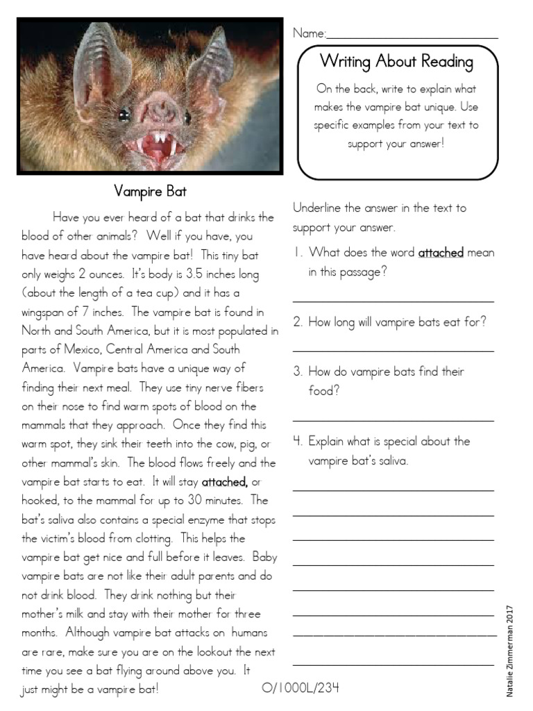 Writing About Reading: Vampire Bat | PDF