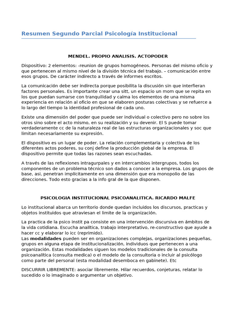 Resumen Segundo Parcial Psicología Institucional Perone | PDF | Sicología | Business
