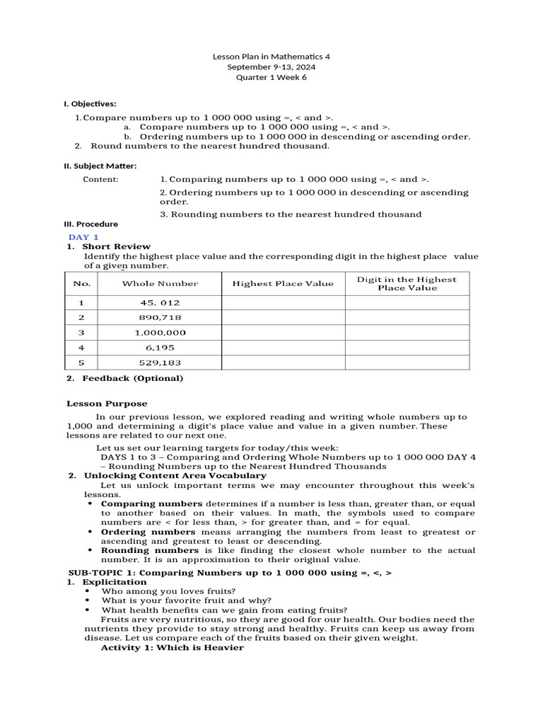 Lesson Plan in Mathematics 4 Q1 Week 6 | PDF