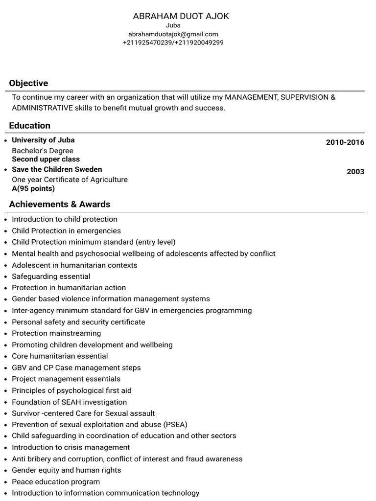 Abraham - CV | PDF | Child Protection | Internally Displaced Person