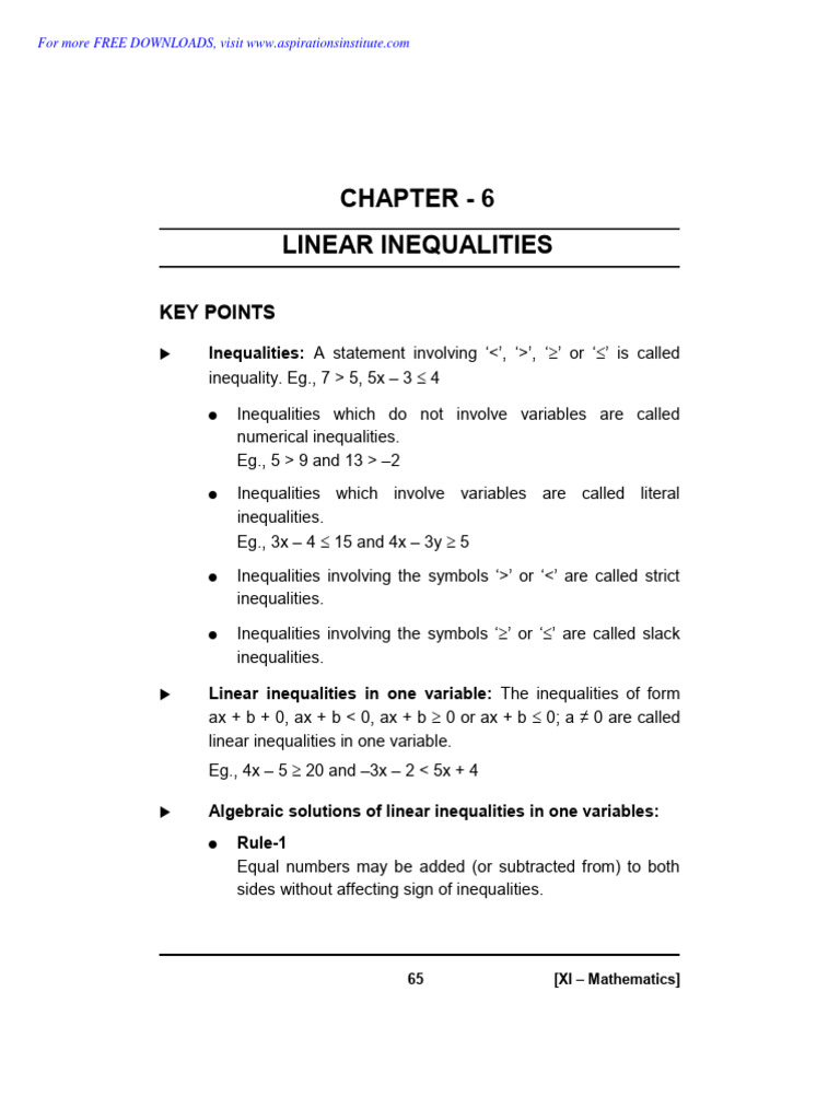 11 Maths Linear Inequalities Notes Assignments | PDF