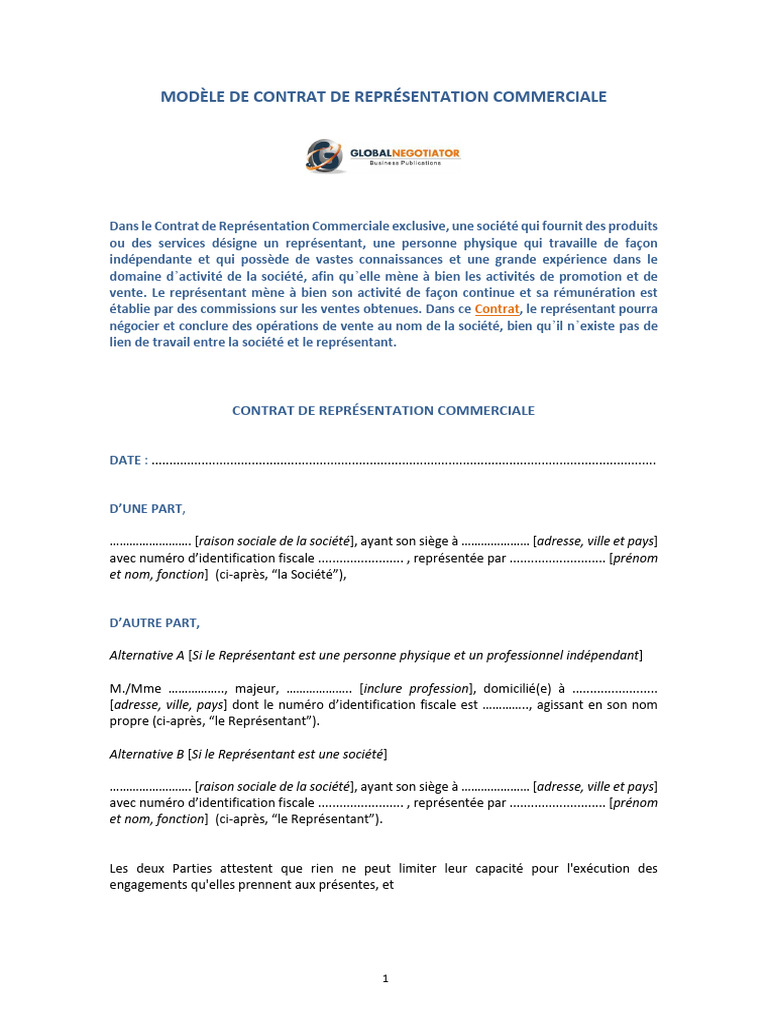 Contrat de Representation Commerciale Exclusive Gratuit | PDF