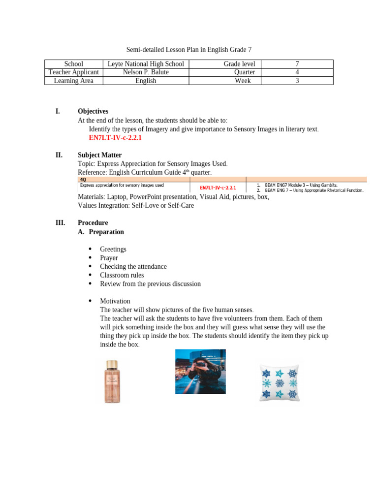 Lesson Plan Sensory Images 1122 | PDF