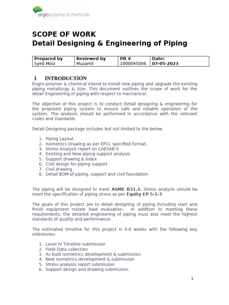 Scope of Work Detail Engineering of Piping | PDF