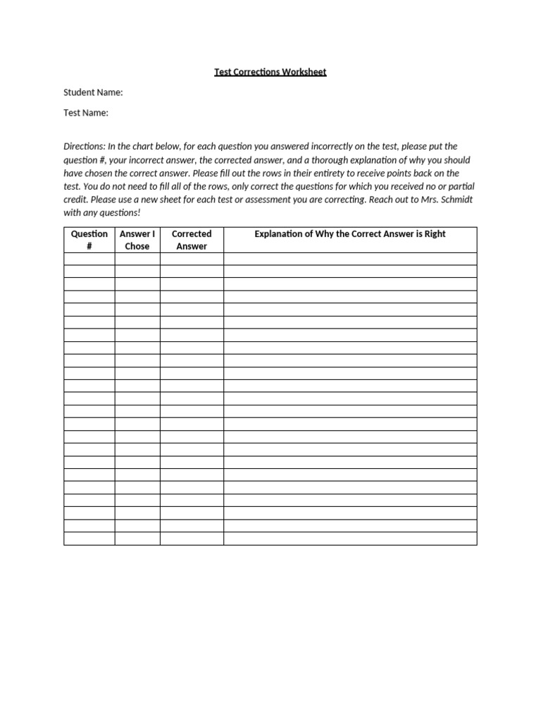 Test Corrections Worksheet | PDF
