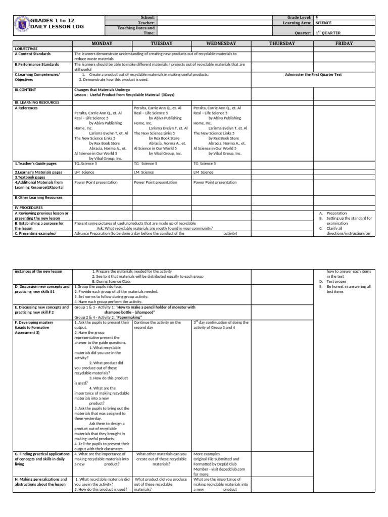 DLL - Science 5 - Q1 - W10 | PDF