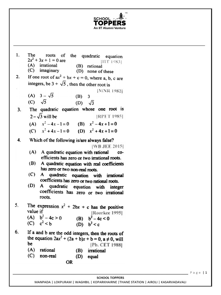 DPP 2 Nature of Roots File | PDF