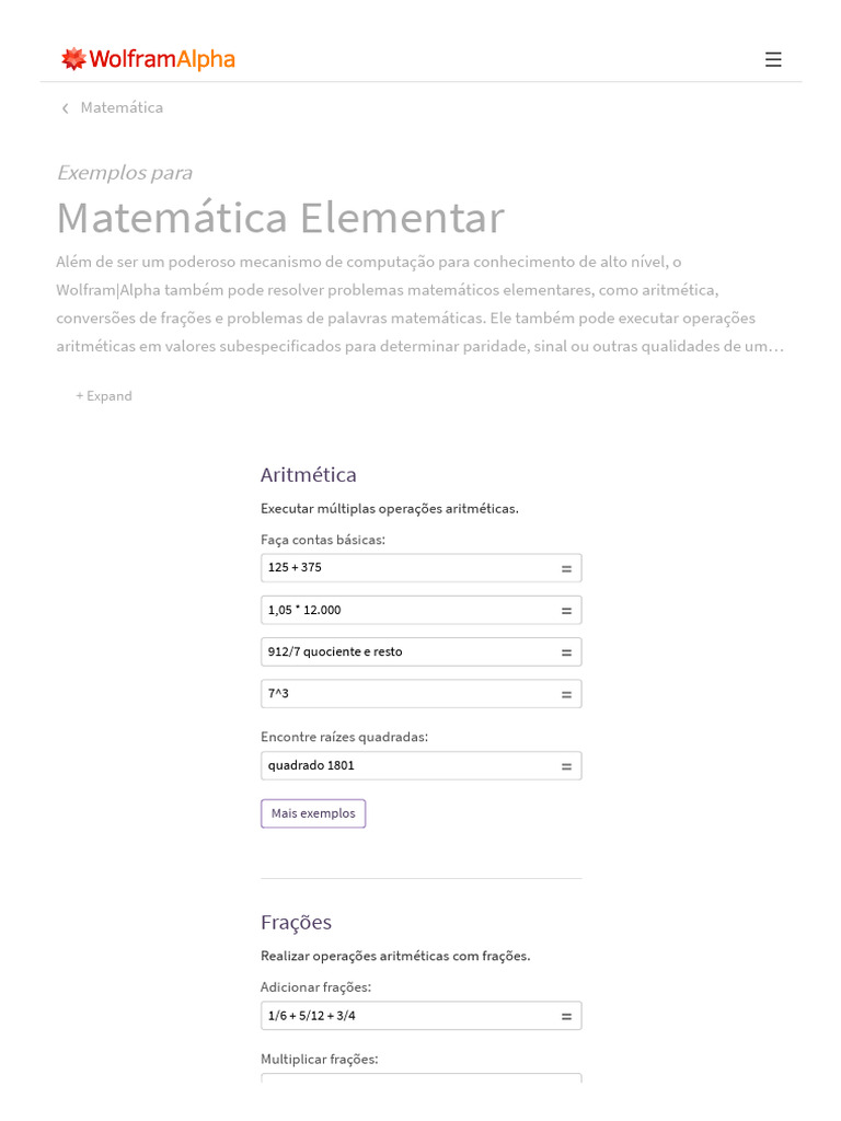 Wolfram - Alpha Examples - Elementary Math | PDF