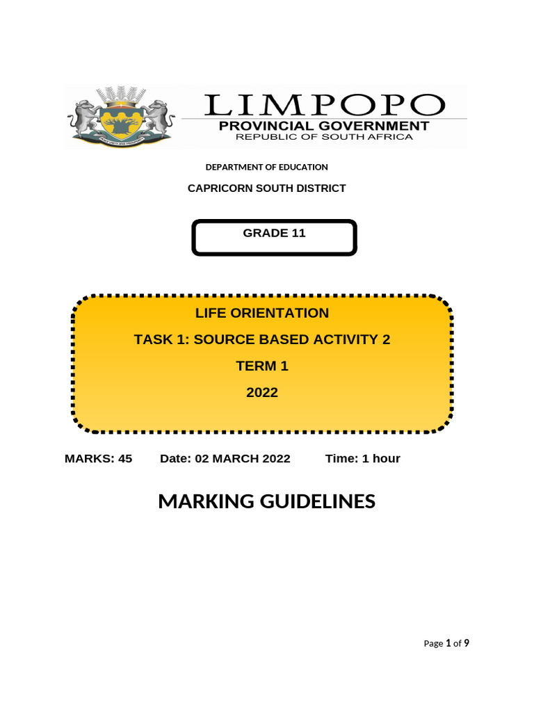 Grade 11 Life Orientation 2022 Source Based Task Activity 2 - Memorandum | PDF