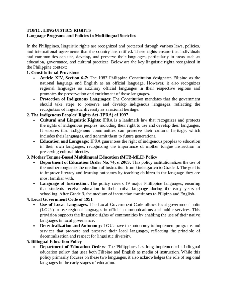Linguistic Rights in the Philippines | PDF | First Language | Social ...