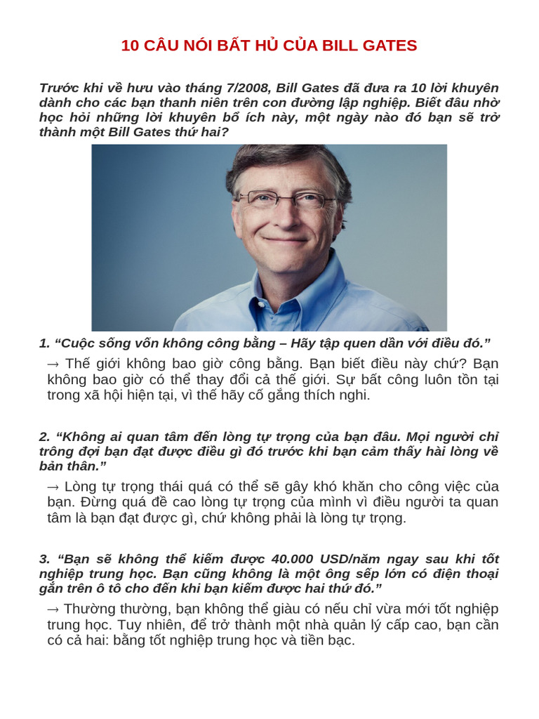 10 Cau Noi Bat Hu Cua Bill Gates | PDF
