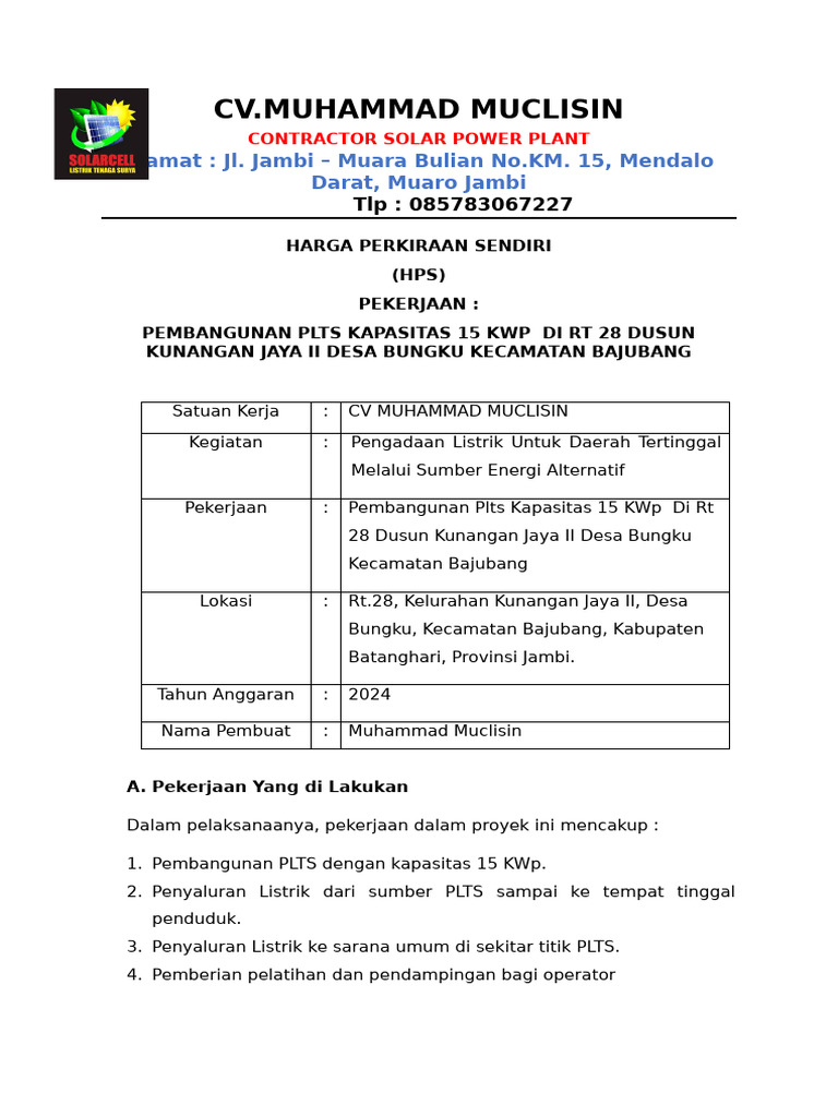HARGA PERKIRAAN SENDIRi PLTS | PDF