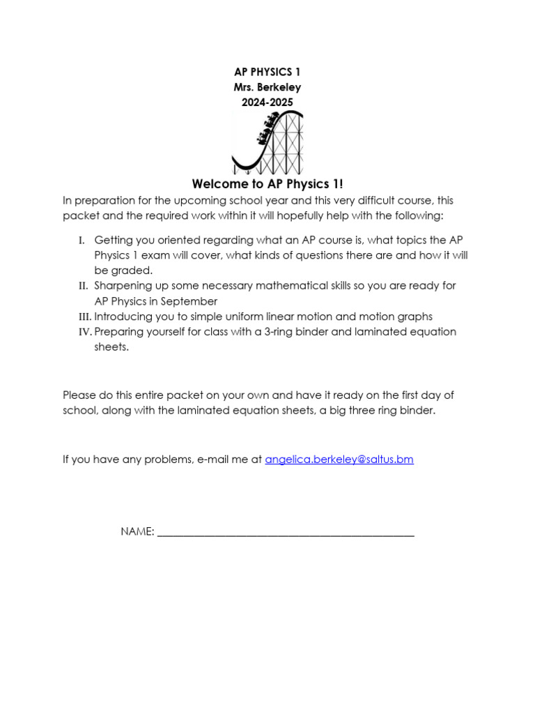 AP Physics 1 Summer Assignment 2024 | PDF