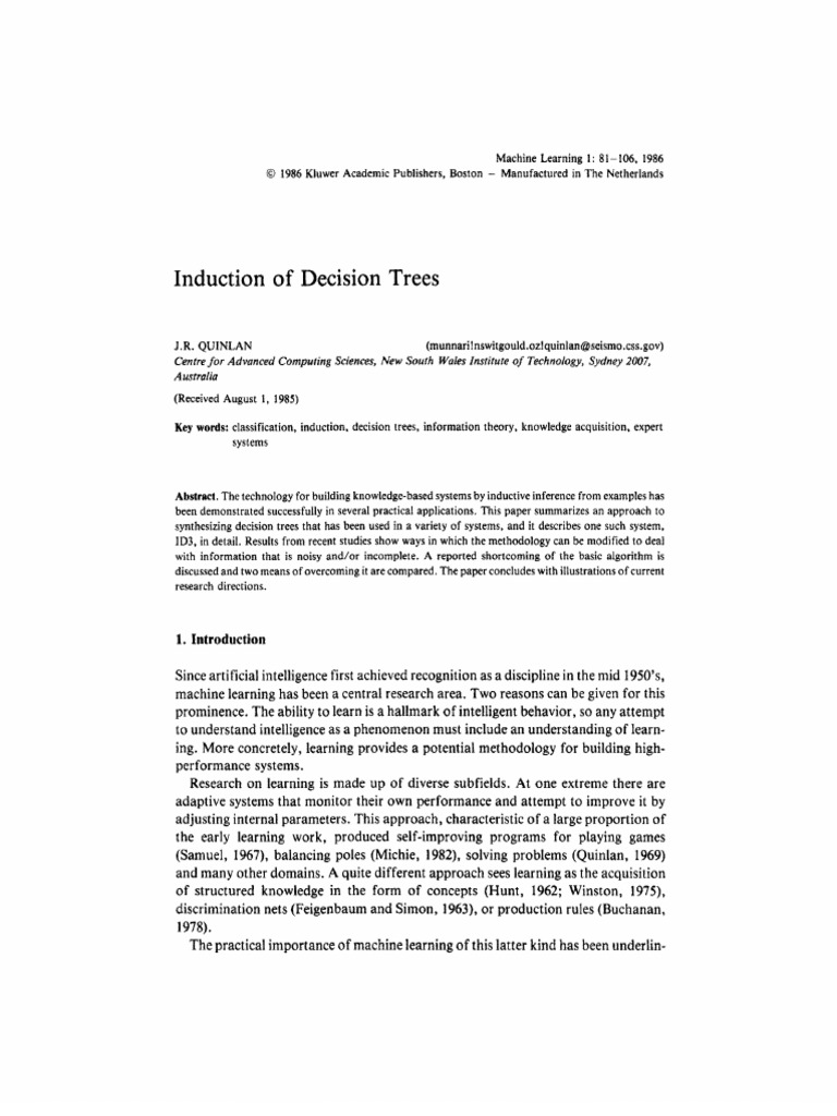Induction of Decision Trees | PDF