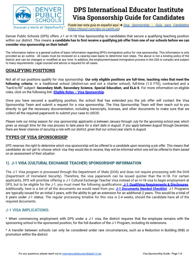 DPS Visa Sponsorship for Educators | PDF | H 1 B Visa | Career & Growth