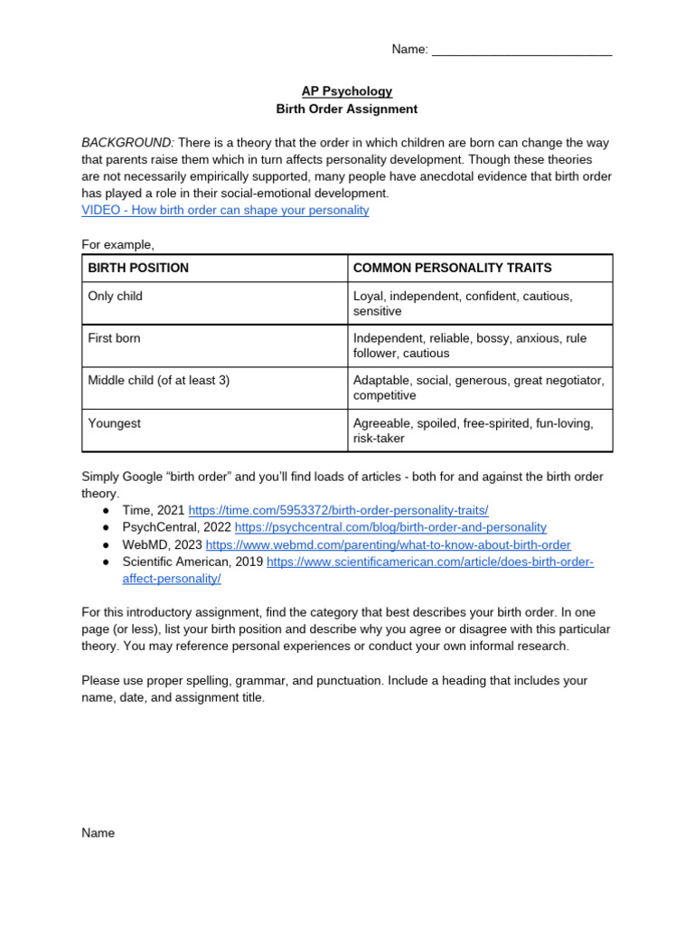 Birth Order Intro Assignment | PDF