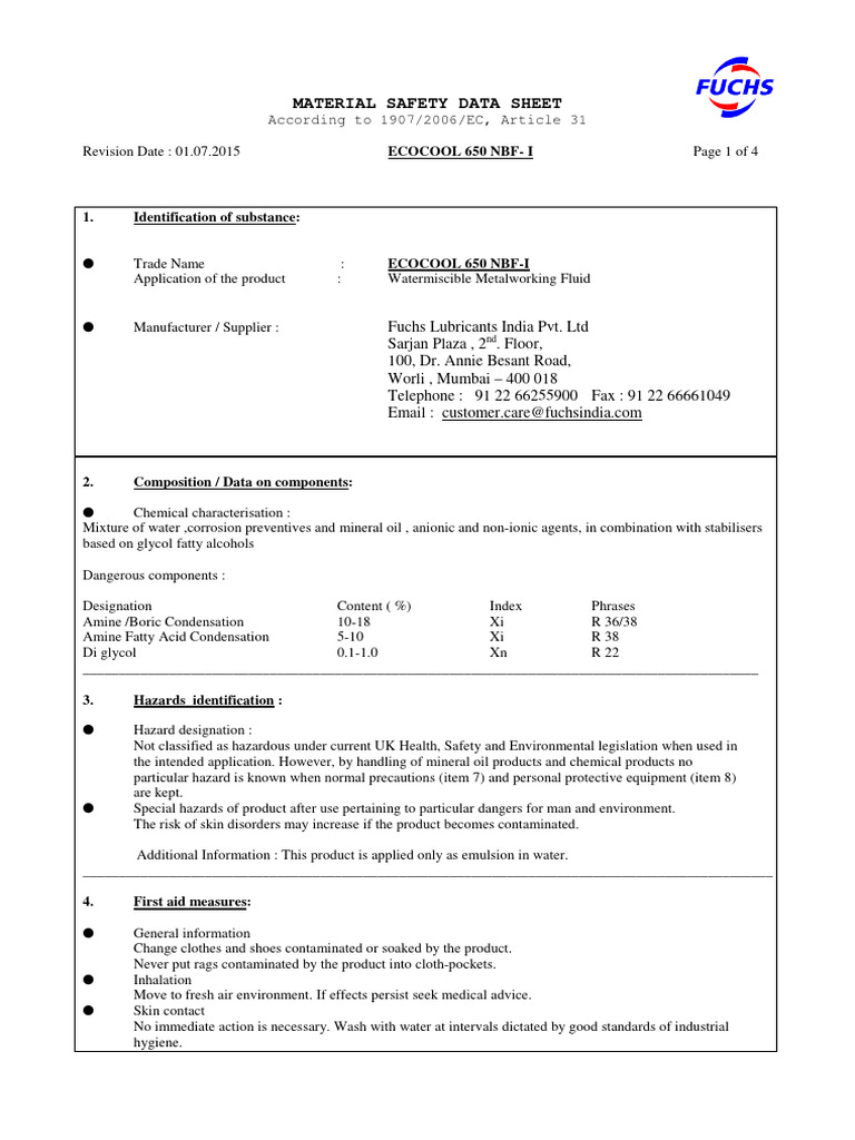 Msds - Ecocool 650 NBF - I | PDF