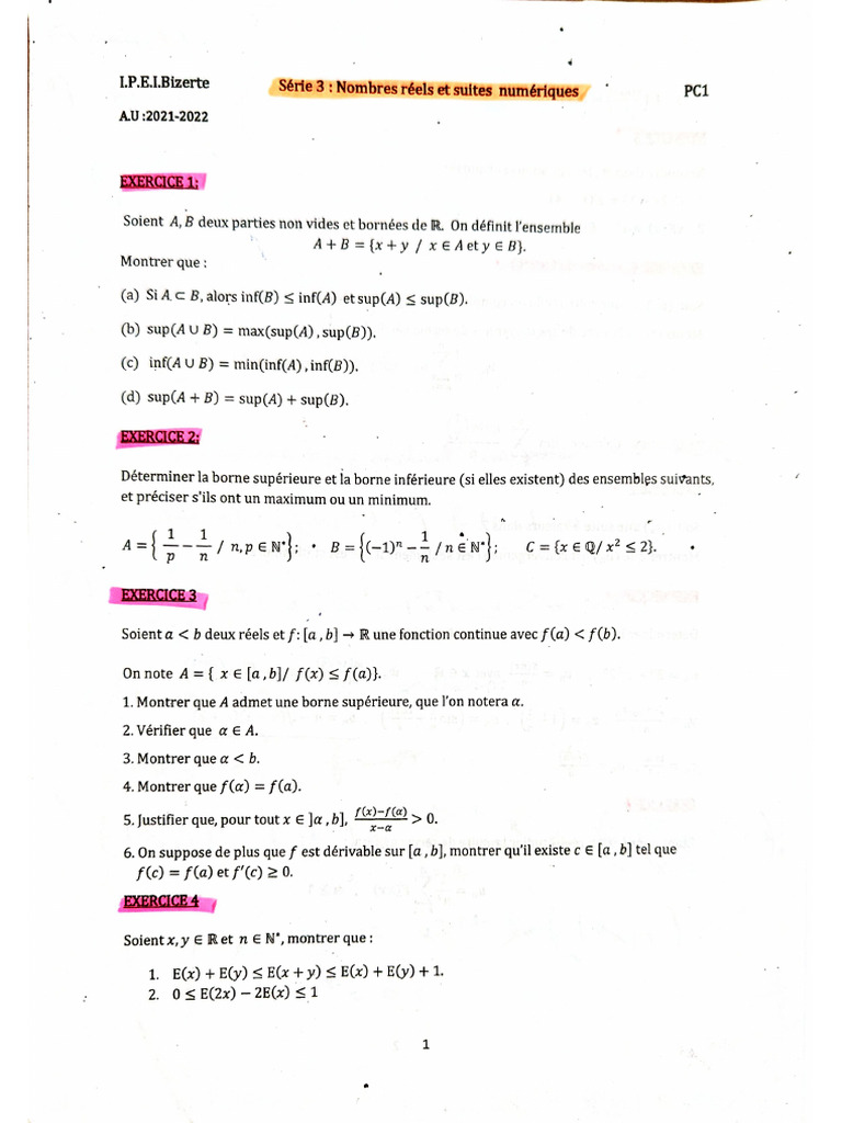 Série 3 Nombres Réels Et Suites Numériques | PDF