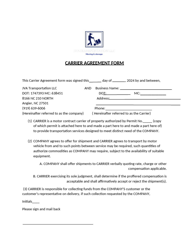 Carrier Agreement Form 2024 | PDF