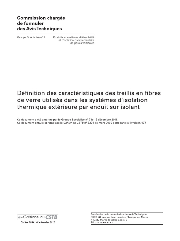CSTB Cahier 3204-v2 - Définition Des Caractristiques Des Treillis en Fibres de Verre Pour ITE ...
