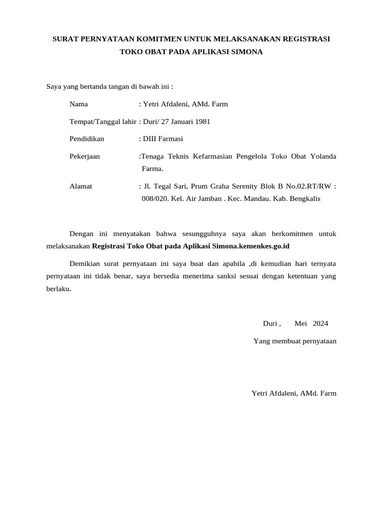 Surat Pernyataan Komitmen Untuk Melaksanakan Registrasi Toko Obat Pada ...