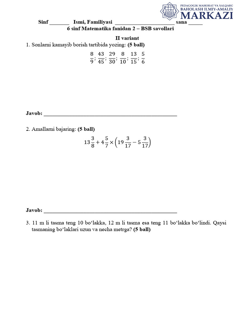6 Sinf Matematika BSB 2 Variant 2 @summativ Formativ Baholash | PDF