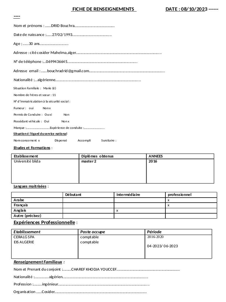 Fiche de Renseignement | PDF
