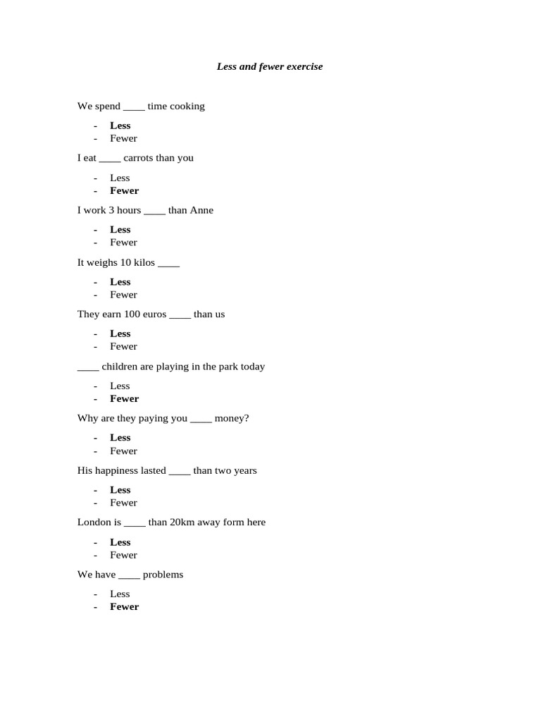 Less and Fewer Exercise | PDF