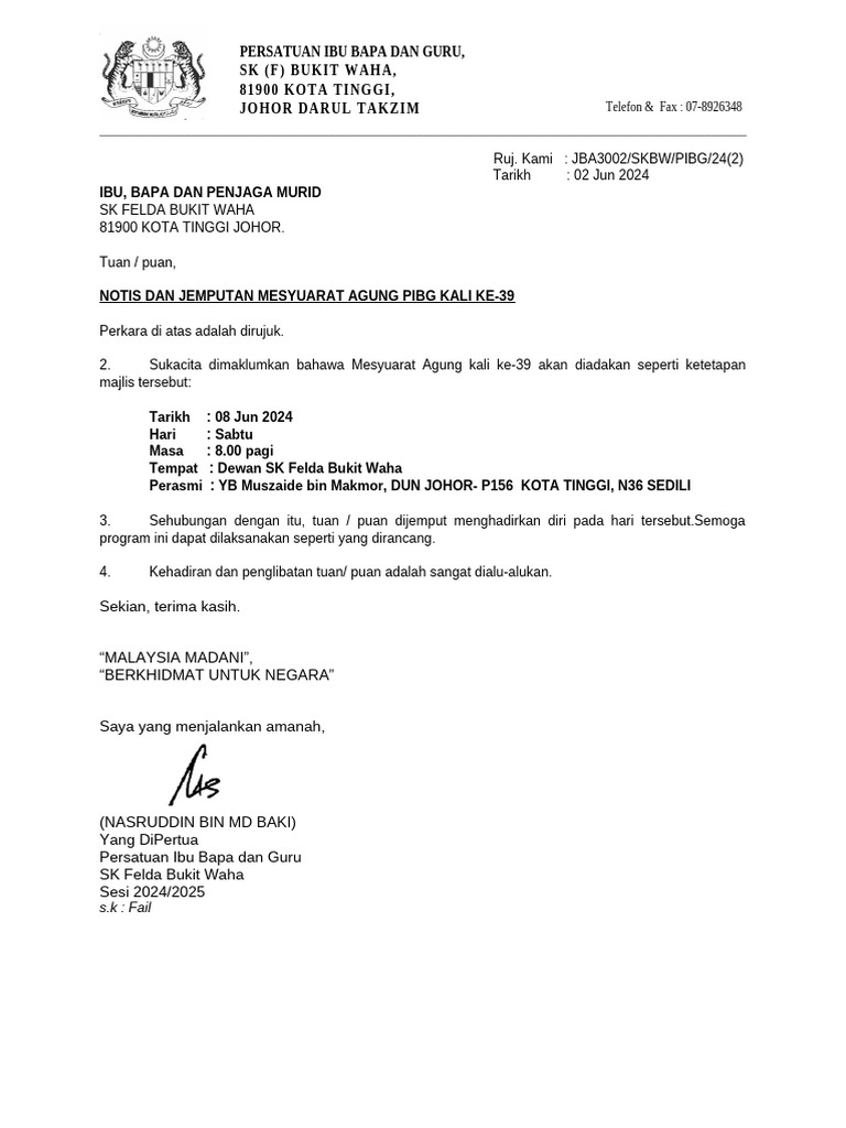 Surat Jemputan Pibg Ibu Bapa 2024 | PDF