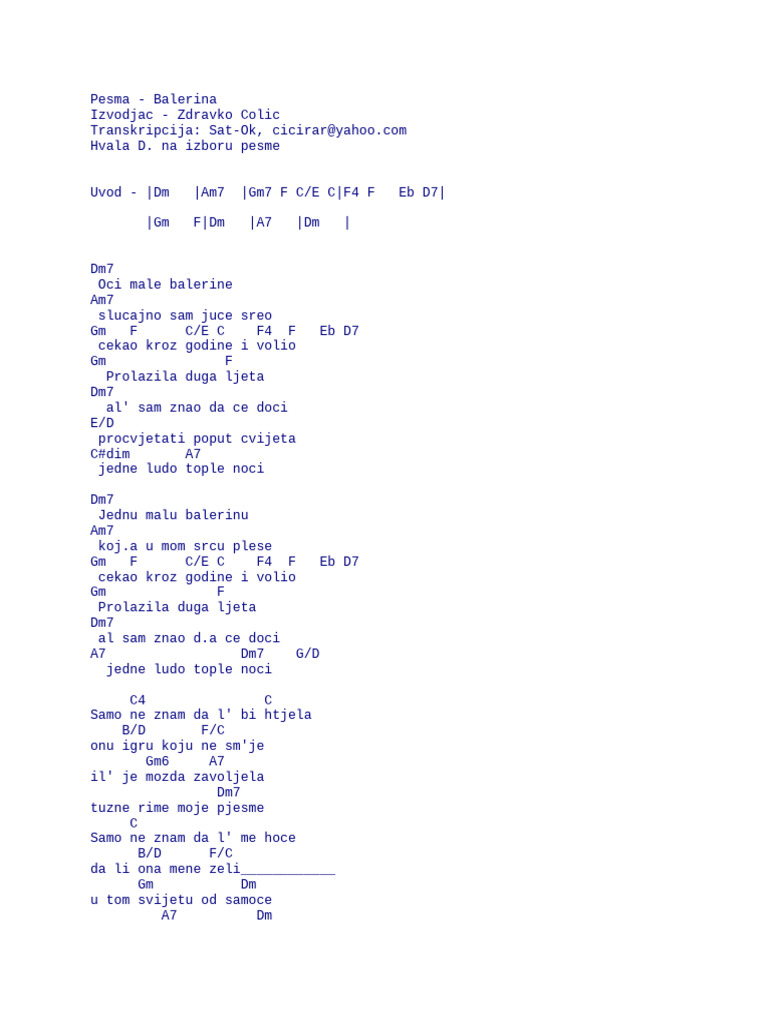 Zdravko Čolić - Balerina Akordi | PDF