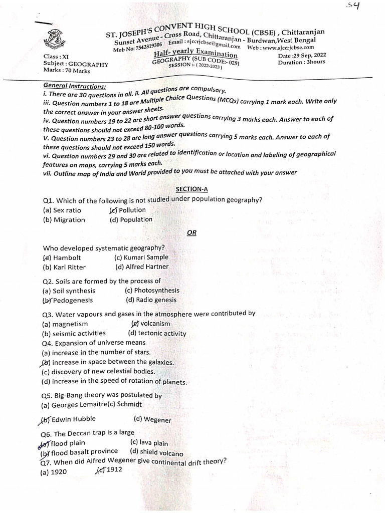 Class 11 Geography Half Yearly Question Paper | PDF