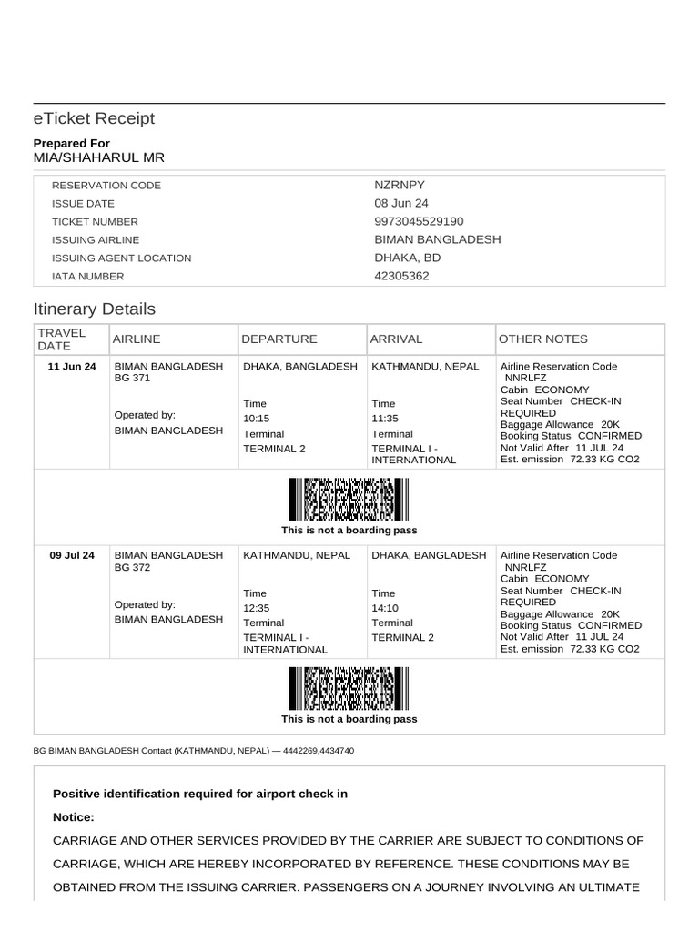 Electronic Ticket Receipt, June 11 For MR SHAHARUL MIA | PDF