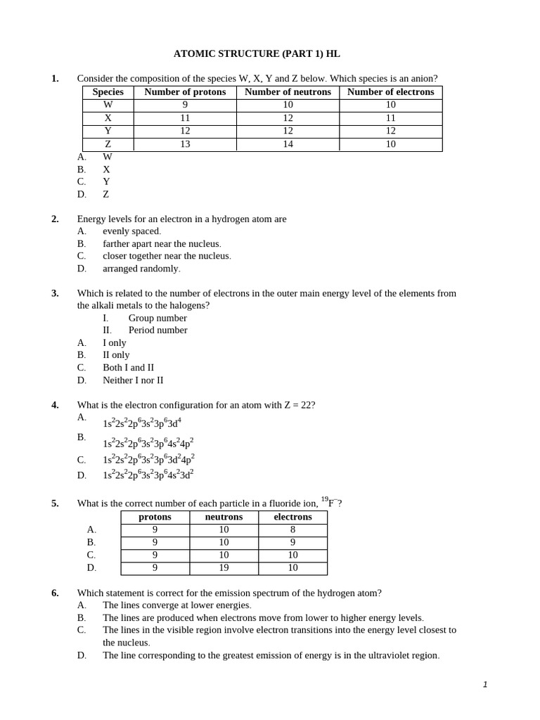 CD1 02 Atomic Structure HL P1 QP | PDF