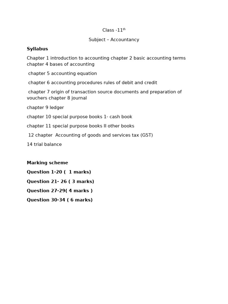 Accountancy Syllabus of 11th Class | PDF
