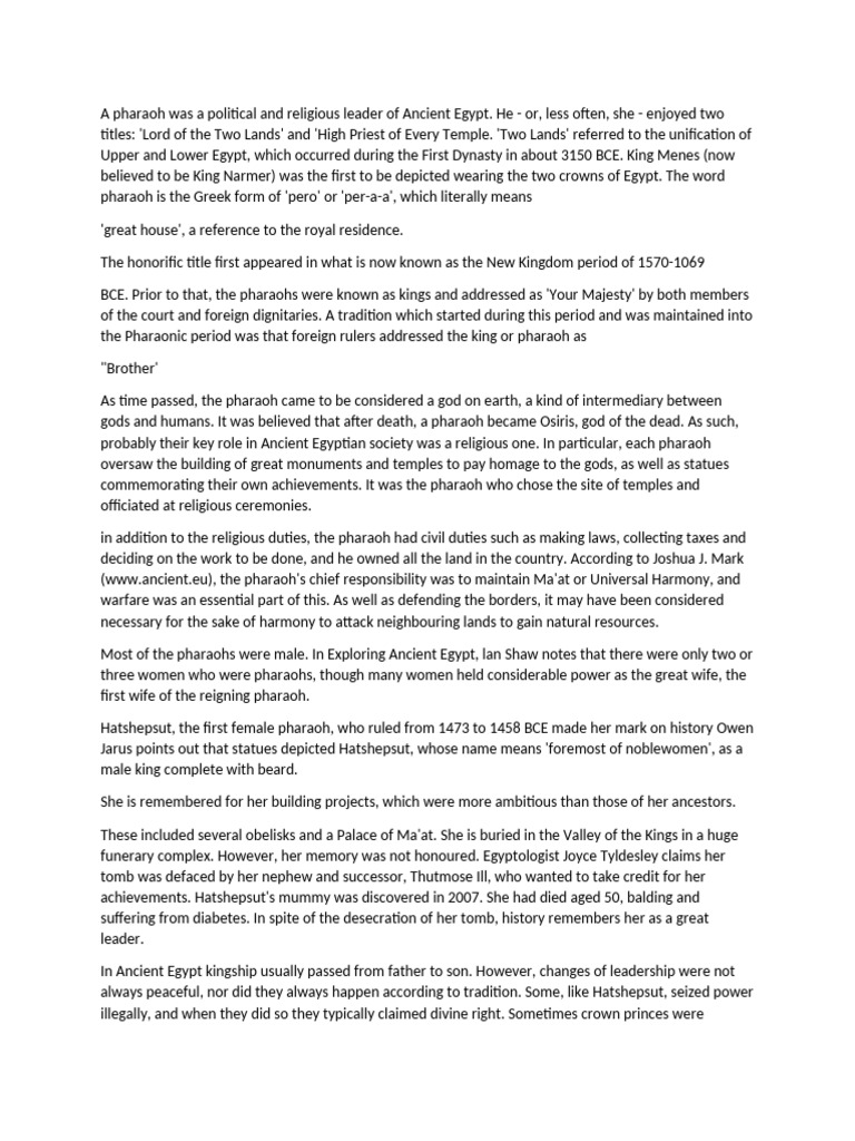 Roles of Pharaohs in Ancient Egypt | PDF | Pharaoh | Hatshepsut