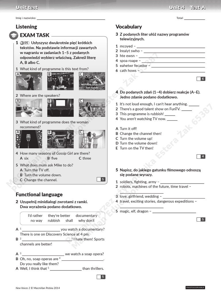 sprawdzian unit 4 klasa 8 | PDF