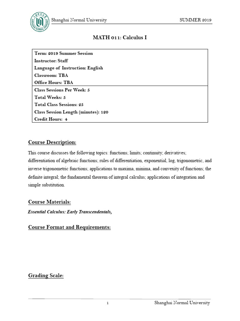 MATH 011 - Calculus I | PDF