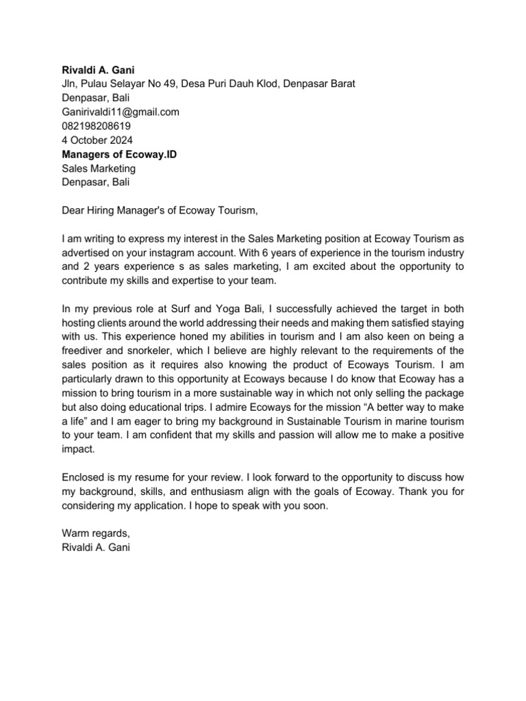 Cover Letter - Rivaldi A Gani | PDF | Career & Growth