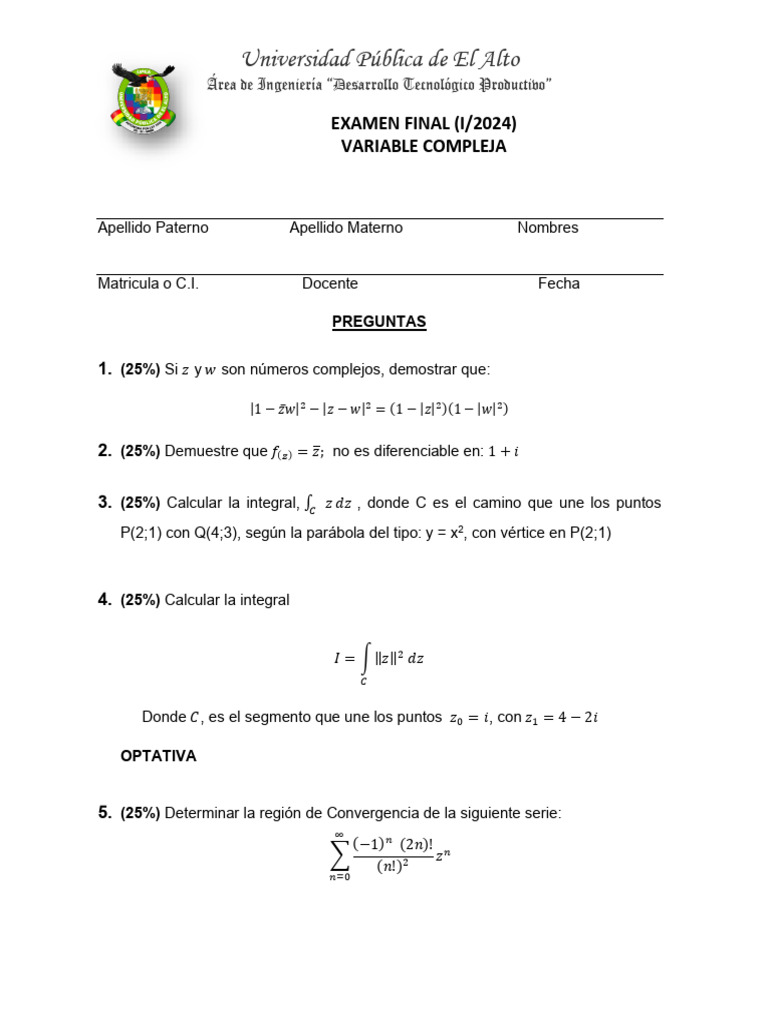 EXAMEN FINAL VARIABLE COMPLEJA | PDF EXAMEN FINAL VARIABLE COMPLEJA | PDF