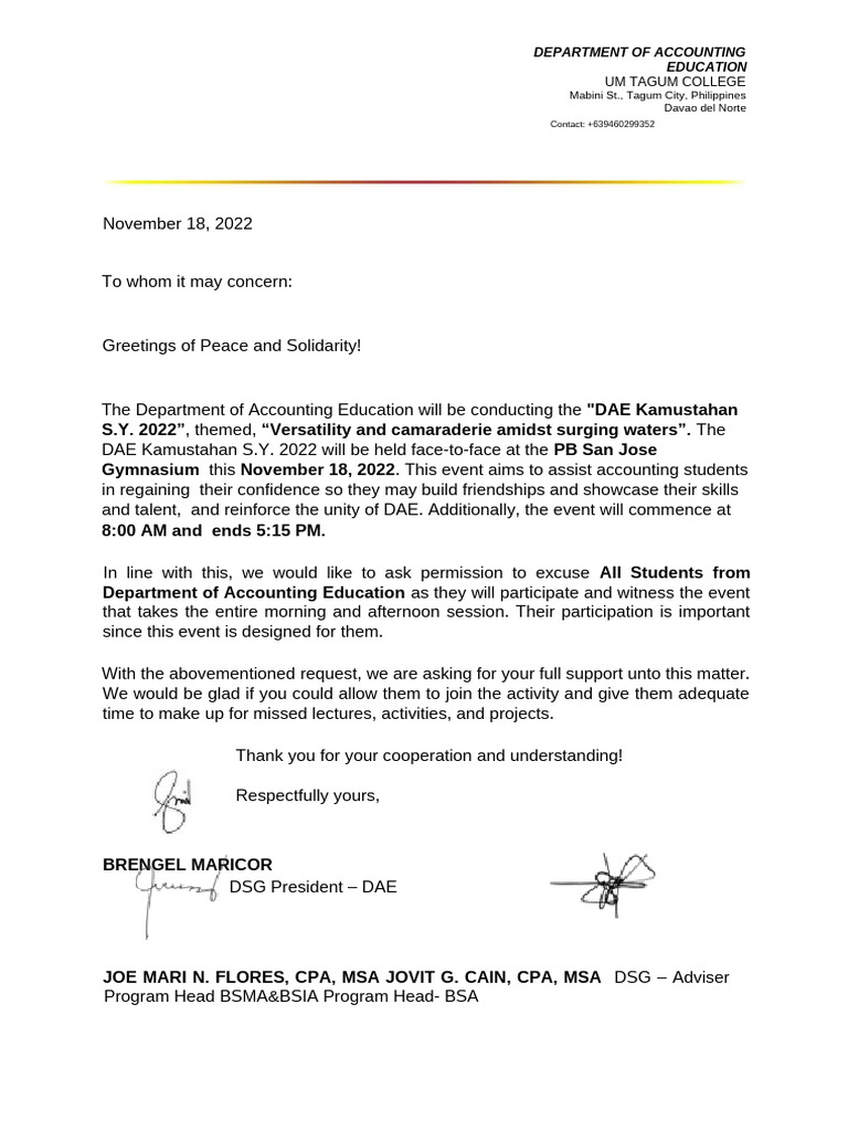 Excuse Letter Dae Kamustahan 22. PDFF | PDF