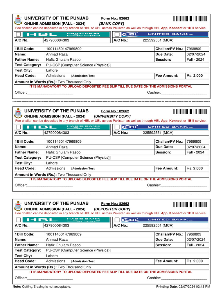 Punjab University Fall 2024 Admission Fee | PDF | Service Industries ...