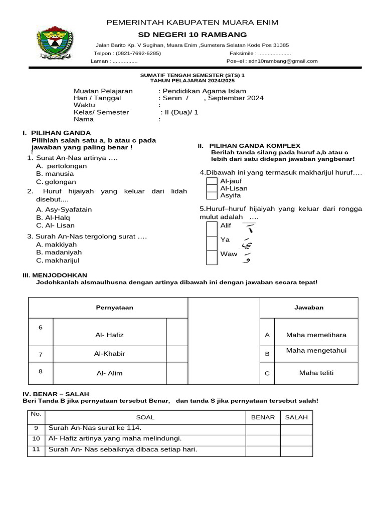Soal STS 1 KLS 2 TH 2024-2025 | PDF
