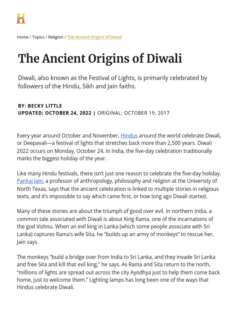 The Ancient Origins of Diwali - HISTORY | PDF | Indian Religions