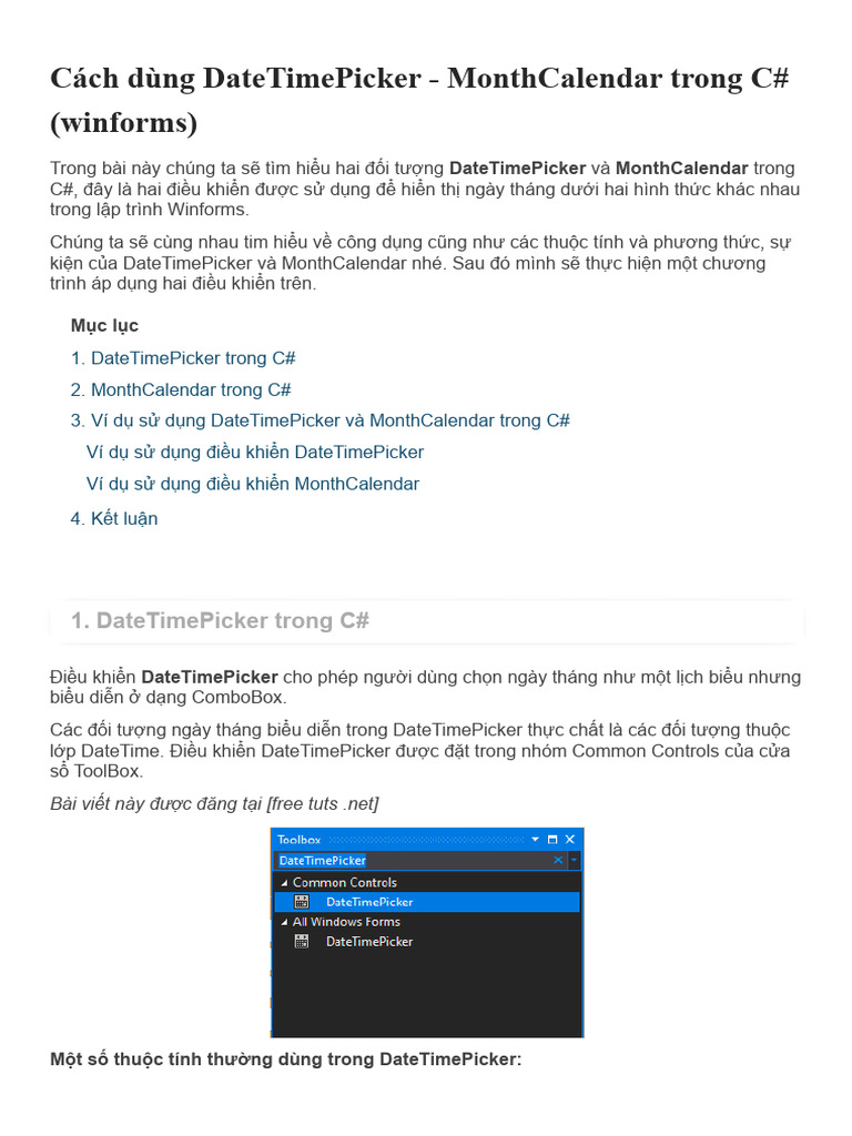 Cách Dùng Datetimepicker Monthcalendar Trong C Winforms Pdf